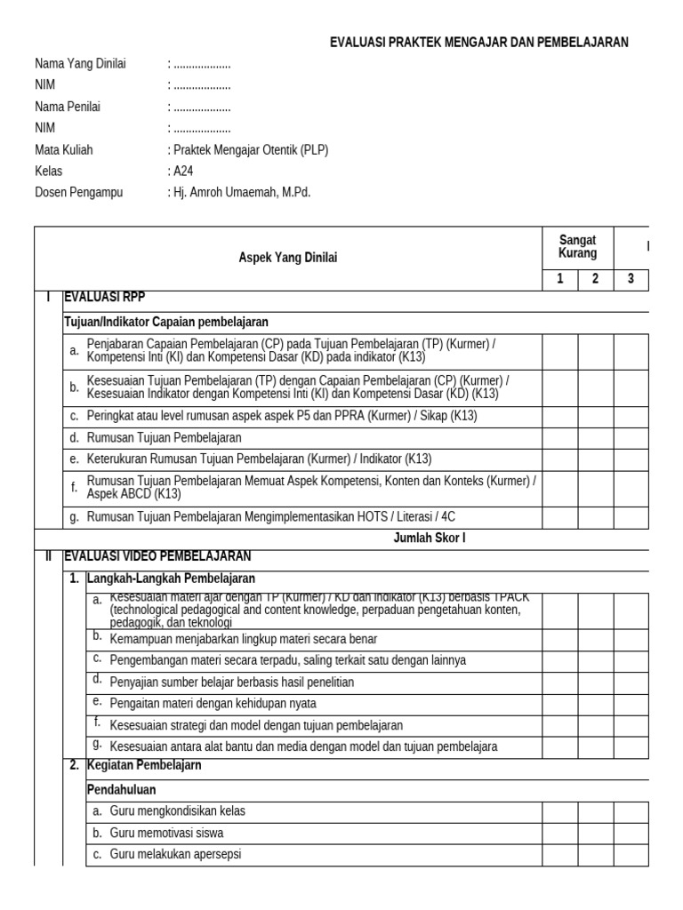 Format Evaluasi Praktek Mengajar Dan Pembelajaran | PDF
