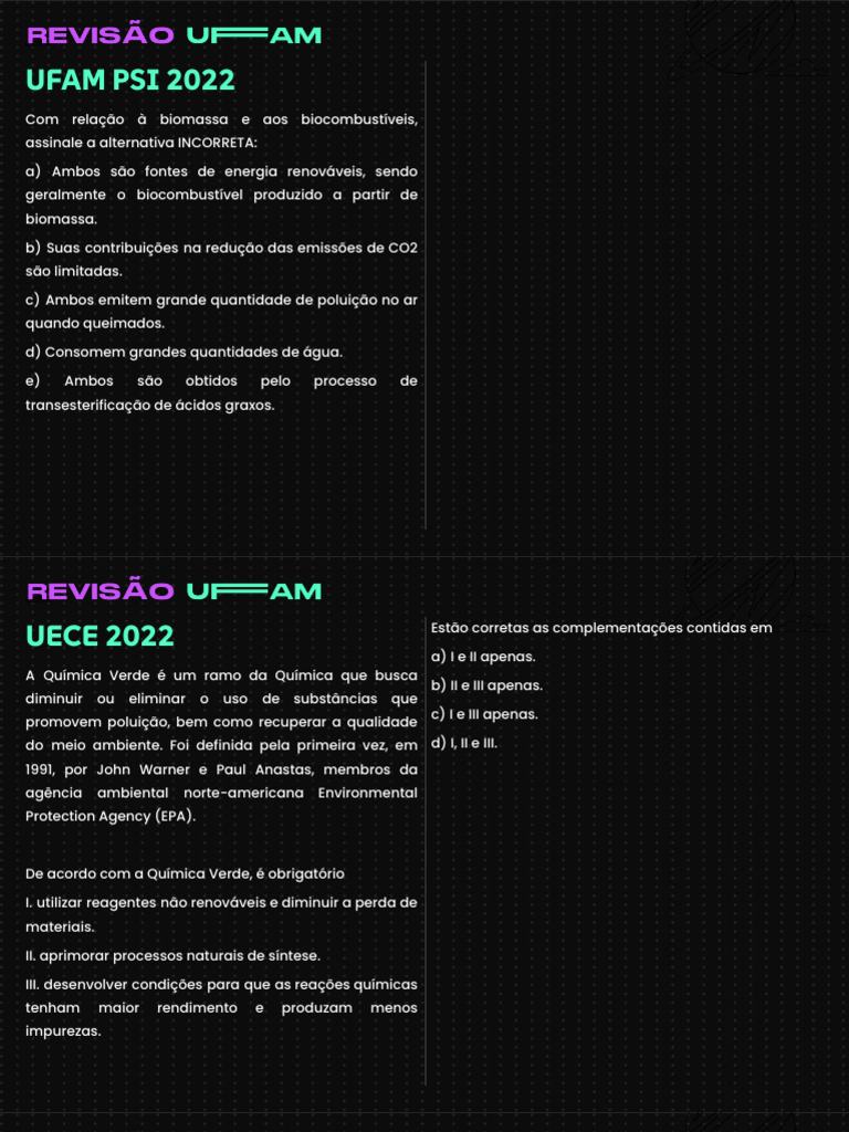 Química Verde - PSC 2 - Revisão Final Ufam (2025) | PDF | Química Verde | Química