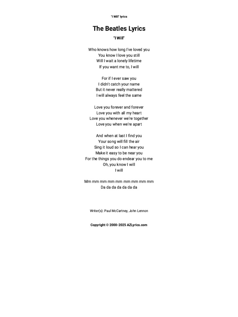 The Beatles - I Will Lyrics | PDF
