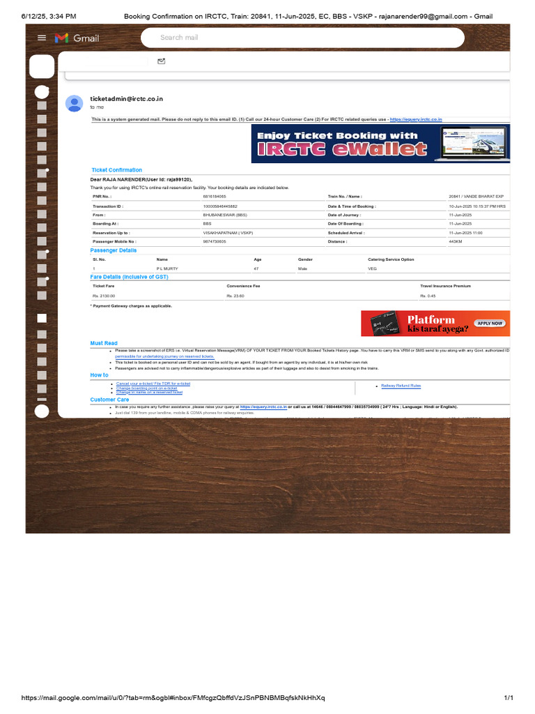Booking Confirmation On IRCTC, Train - 20841, 11-Jun-2025, EC, BBS ...