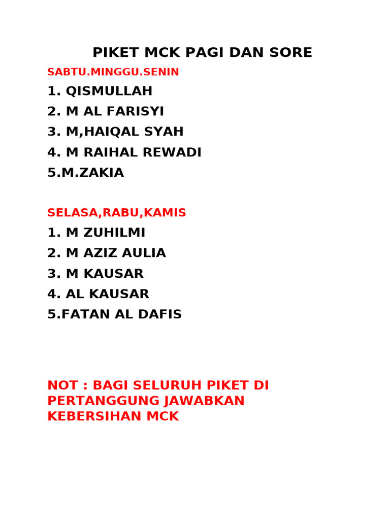 Piket MCK Pagi Dan Sore | PDF