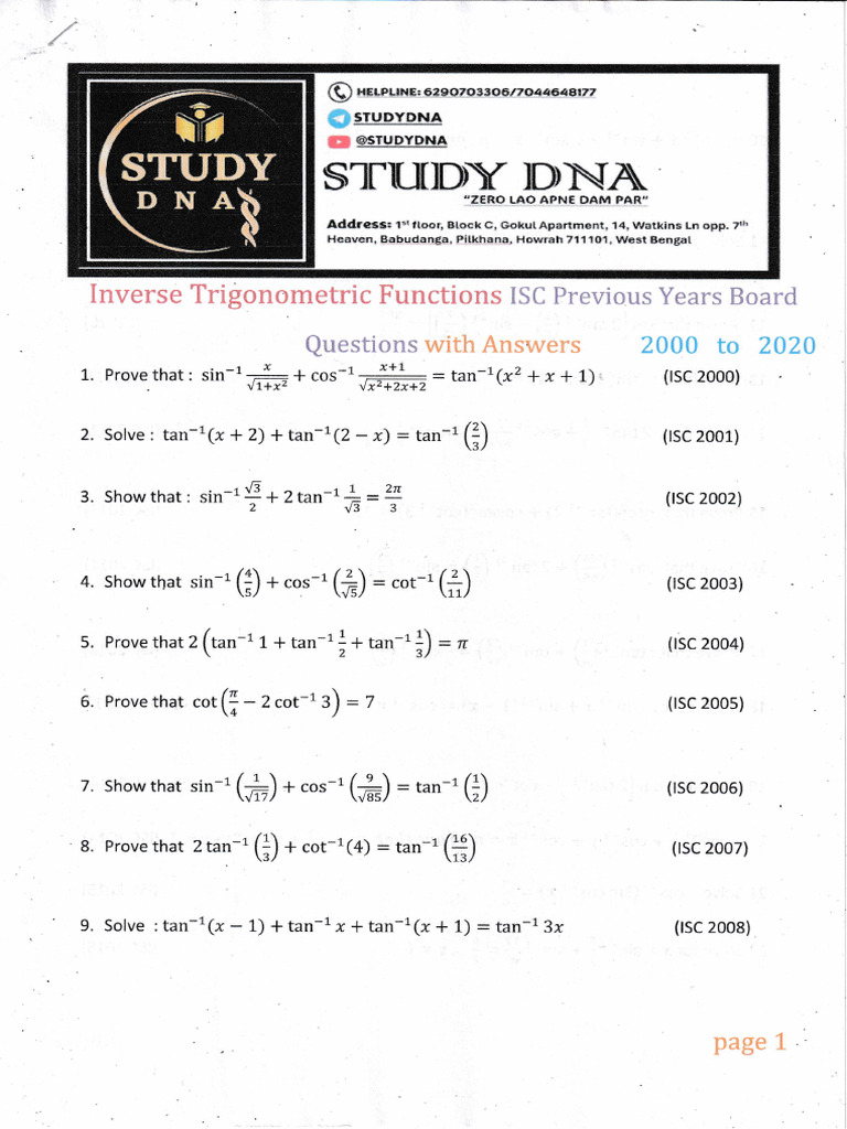PYQ Inverse Trigonometric Functions Class 12 Study DNA 2025 | PDF | Chess Theory | Chess Openings