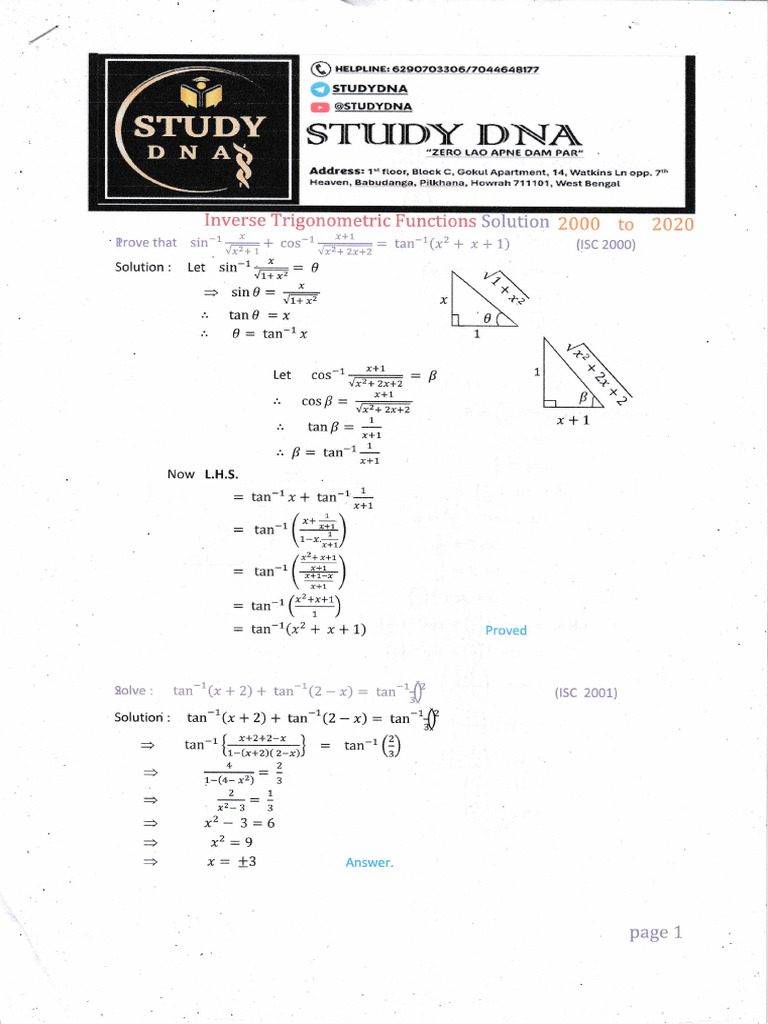 PYQ Inverse Trigonometric Function Solution Class 12 Study DNA 2025 | PDF