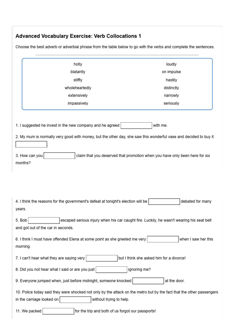 Advanced Verb Collocations Exercise | PDF