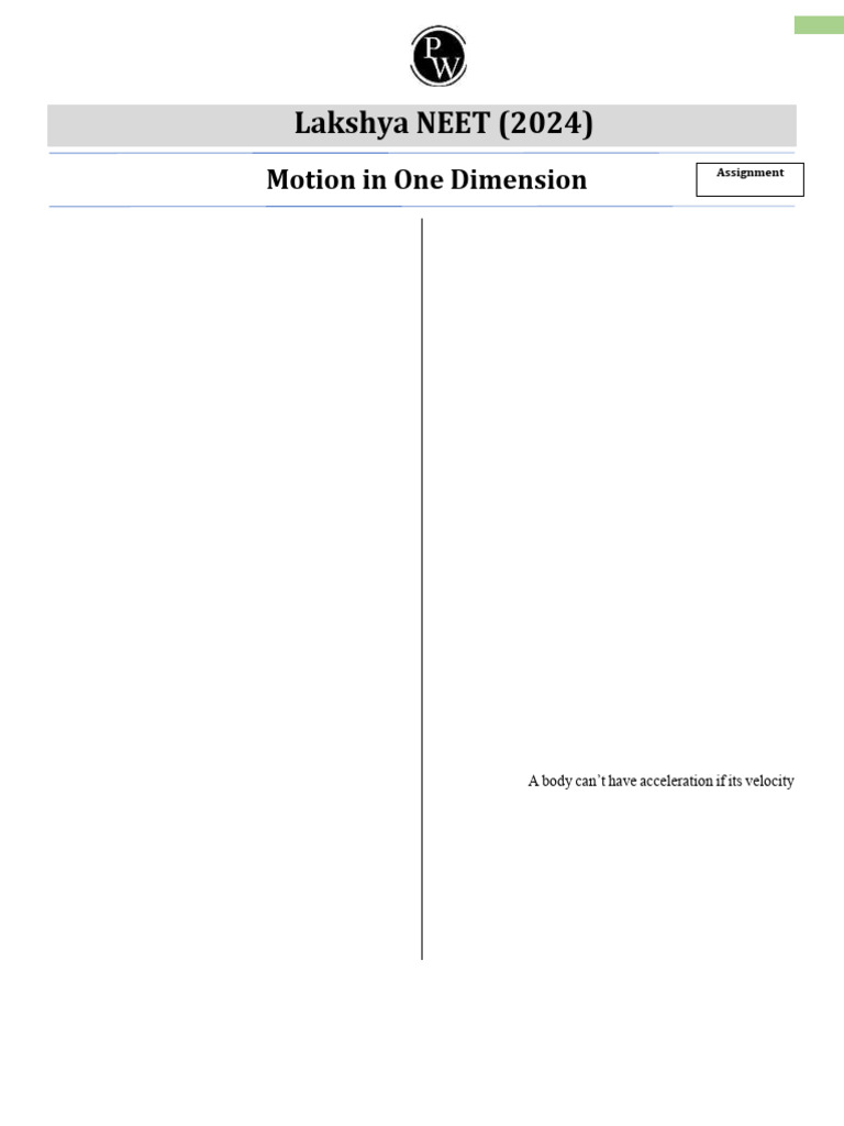 Motion in One Dimension - Assertion - Reason Based Questions - Lakshya NEET 2024 | PDF ...