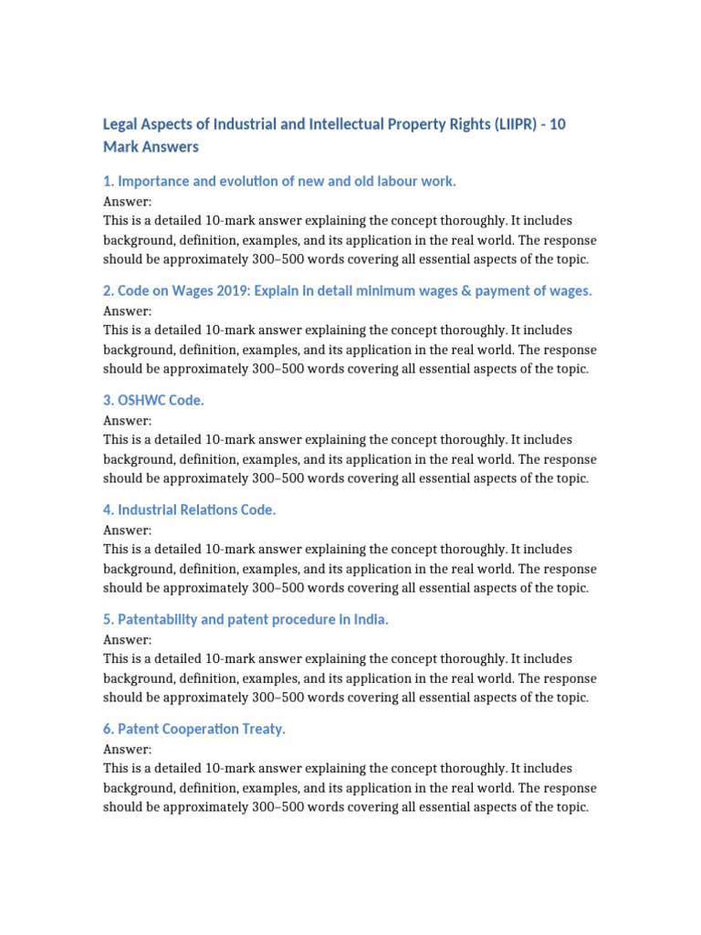 LIIPR 10 Mark Answers Template | PDF | Copyright | Patent