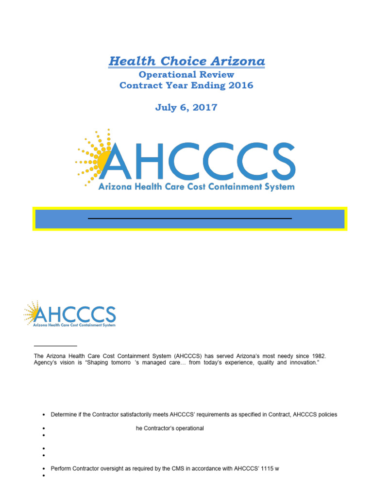 HealthChoice AZ - Operational Review - Summary CY2016 | PDF | Medicaid ...