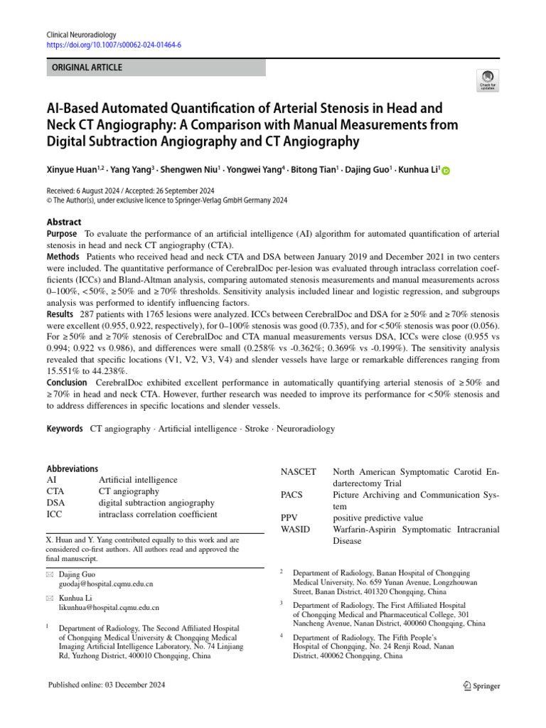 AI-Based Automated Quantification of Arterial Stenosis in Head and Neck CT Angiography: A ...