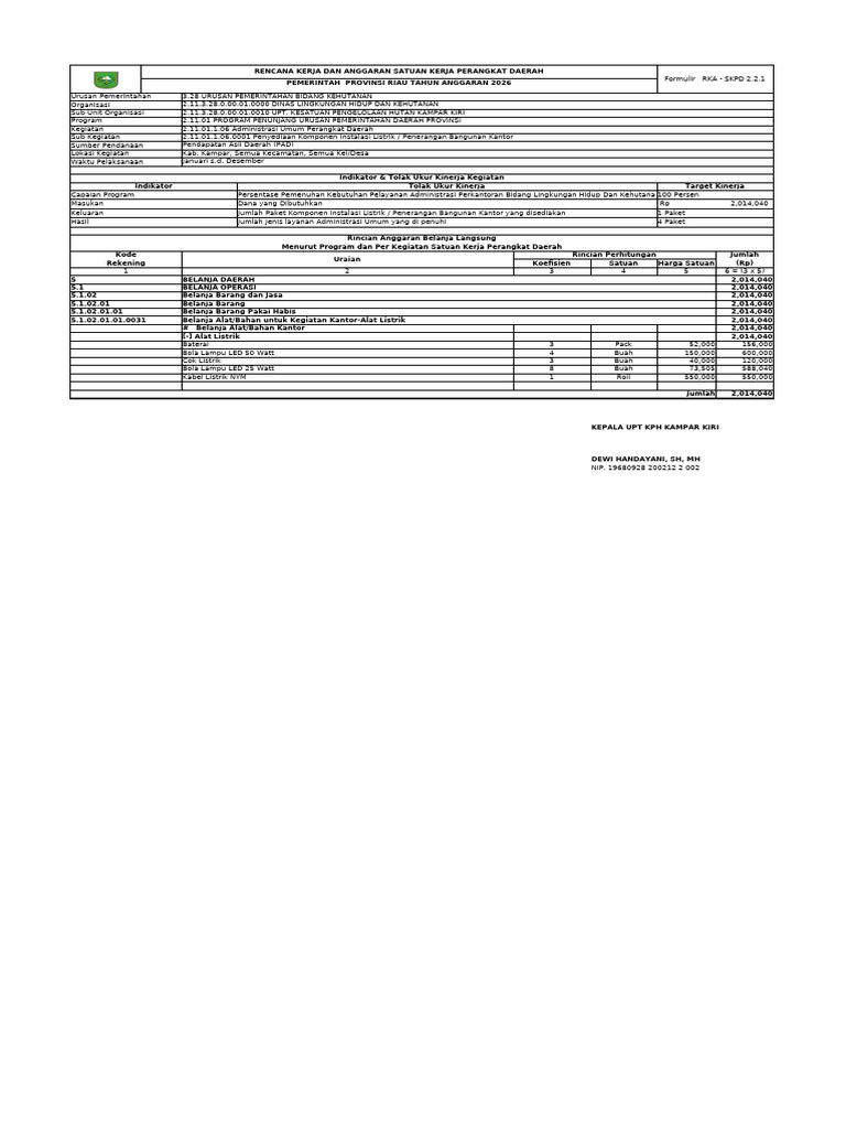 Pra Rka 2026 - Upt KPH Kampar Kiri | PDF