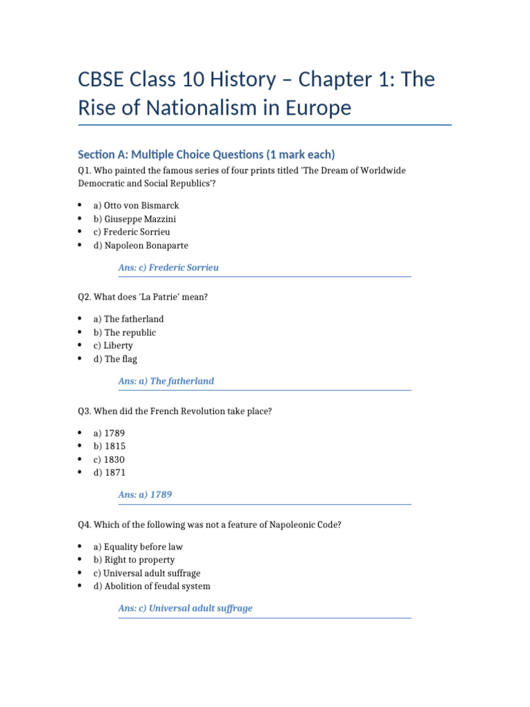 Class 10 History Chapter 1 Test and Answers | PDF | Germany | World ...