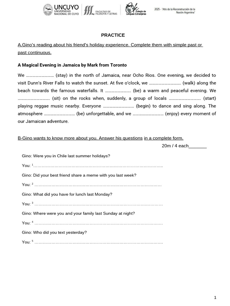 Past Tense Practice with Gino's Adventure | PDF