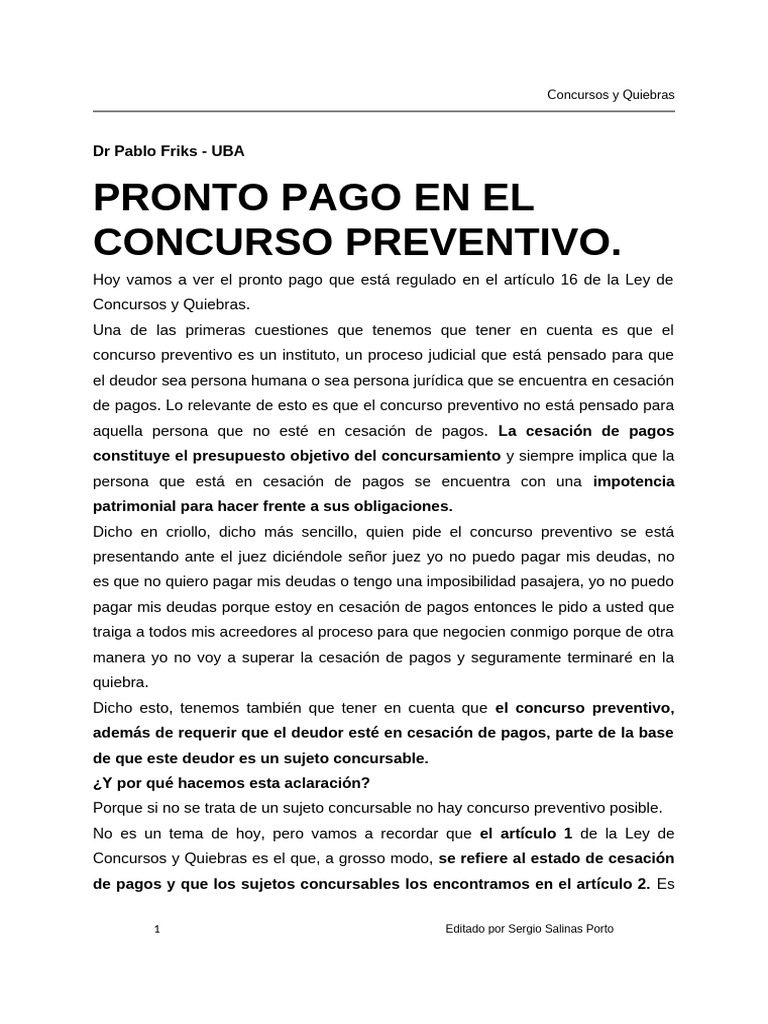 DERECHO CONCURSAL. Pronto Pago en El Concurso Preventivo. | PDF | Bancarrota | Pagos