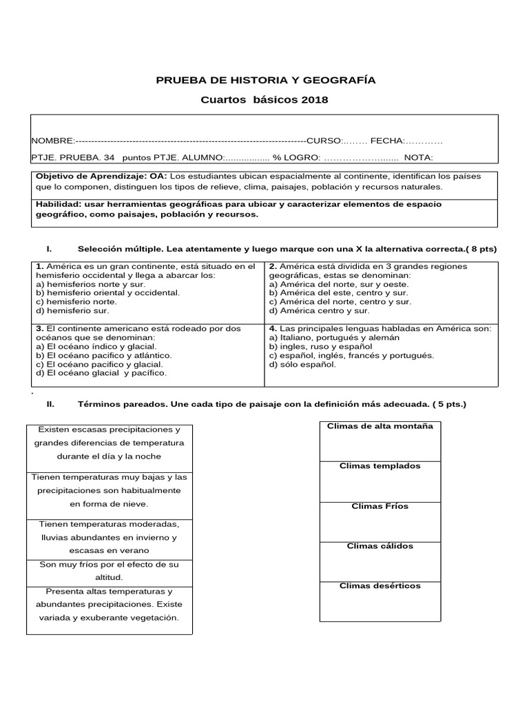 Prueba de Historia y Geografía 2018 | PDF | Américas | Clima