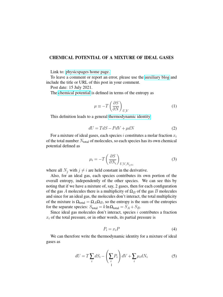 Chemical Potential of A Mixture of Ideal Gases | PDF | Gases | Entropy