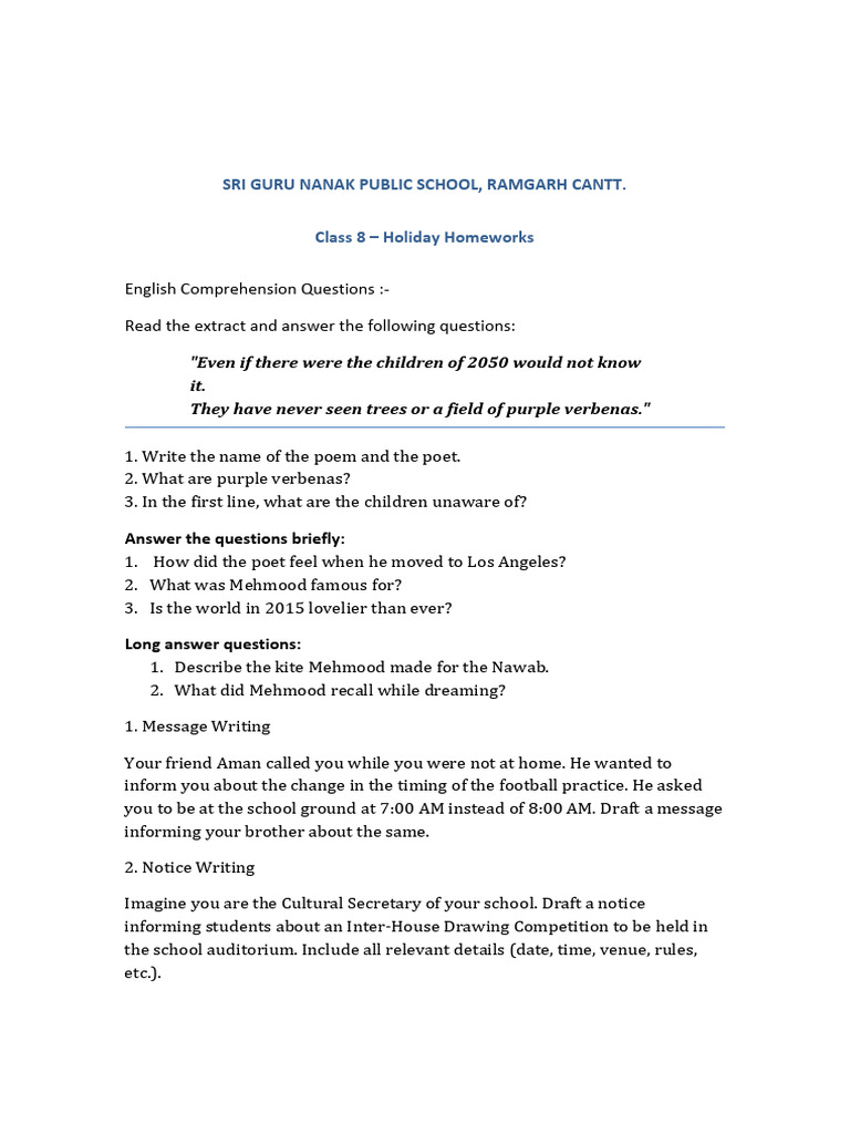 Class 8 English Holiday Omework PDF | PDF | Force | Subject (Grammar)