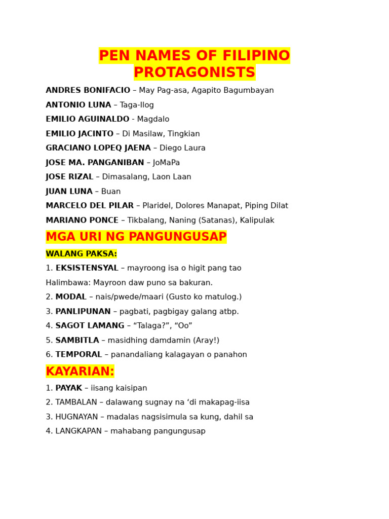 Pen Names of Filipino Protagonists | PDF
