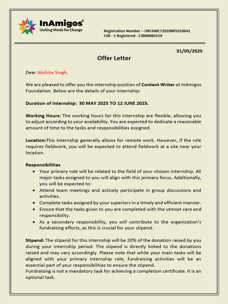 OFFER LETTER - Akshita Singh (1) | PDF