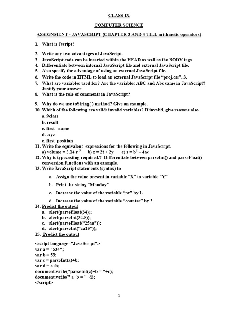 Class IX-Comp. Sc.-Assignment On JavaScript (Chpater 3 and 4 Till Arithmetic Operators) | PDF ...