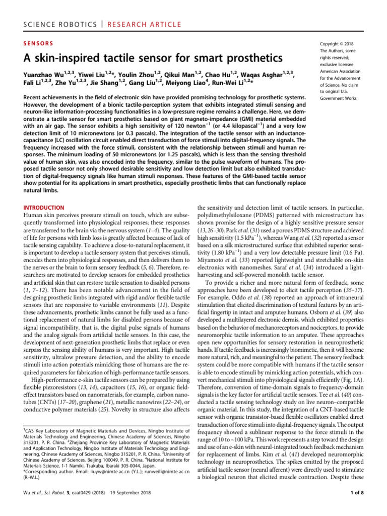 A Skin-Inspired Tactile Sensor For Smart Prosthetics | PDF ...