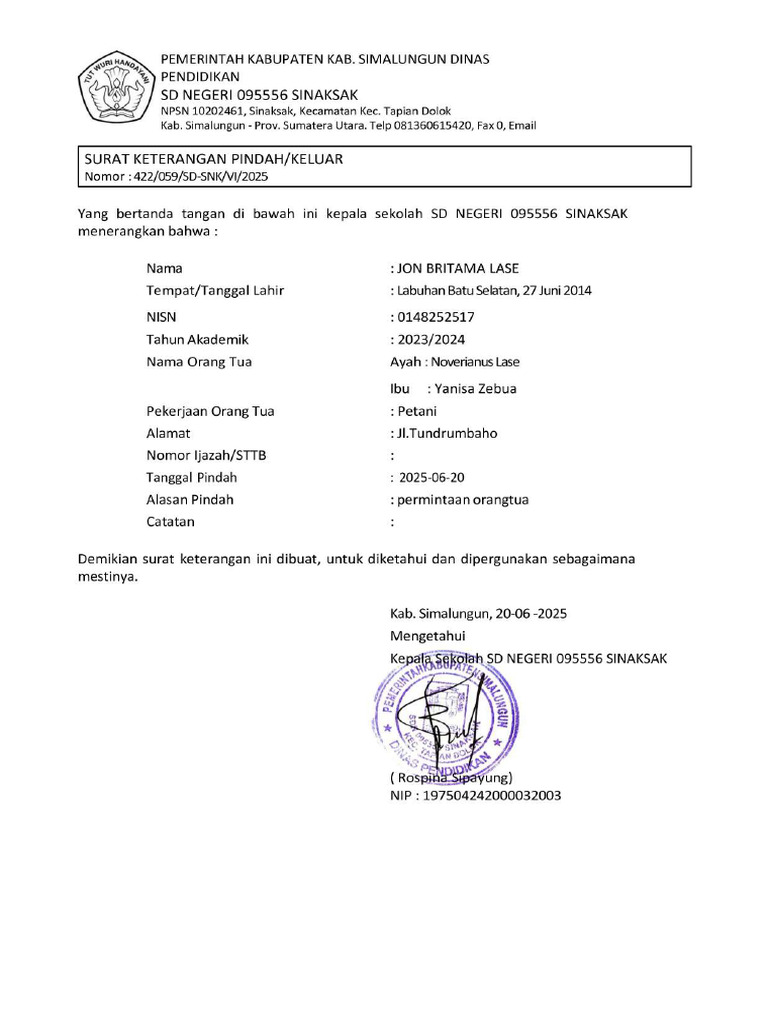 Surat Mutasi Jon Britama Lase | PDF