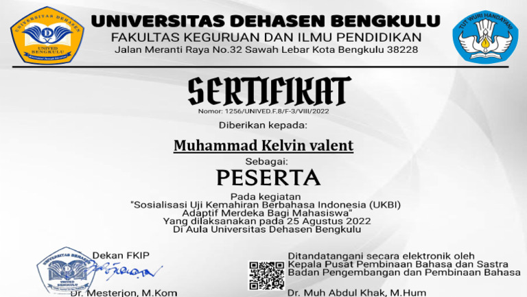 Sertifikat Sosialisasi UKBI Muhammad Kelvin Valent | PDF