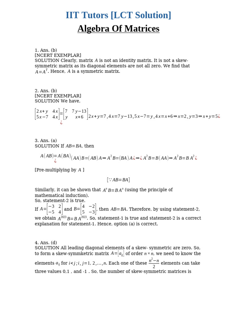 Algebra of Matrices LCT Solution | PDF | Matrix (Mathematics) | Mathematical Physics