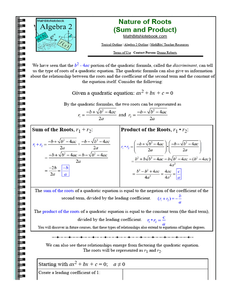 Nature of Roots - Sum and Product - MathBitsNotebook (A2) | PDF | Quadratic Equation | Equations