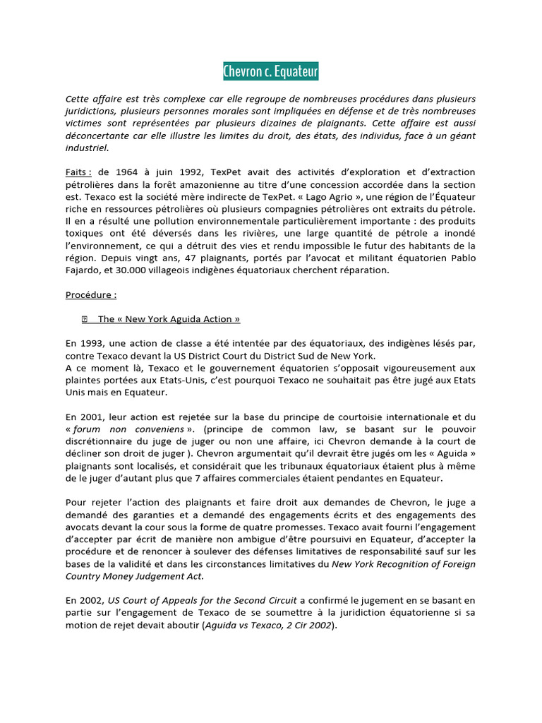 Affaire Chevron c. Équateur : Pollution et Justice | PDF | Chevron ...