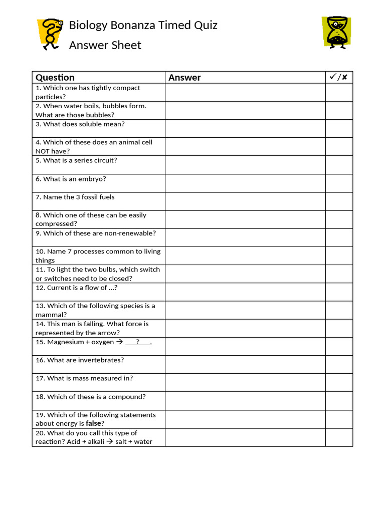 Year 7 Biology - 20 Timed Questions - Answer Sheet | PDF