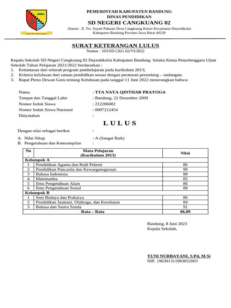 Surat Keterangan Lulus SD 2022 | PDF