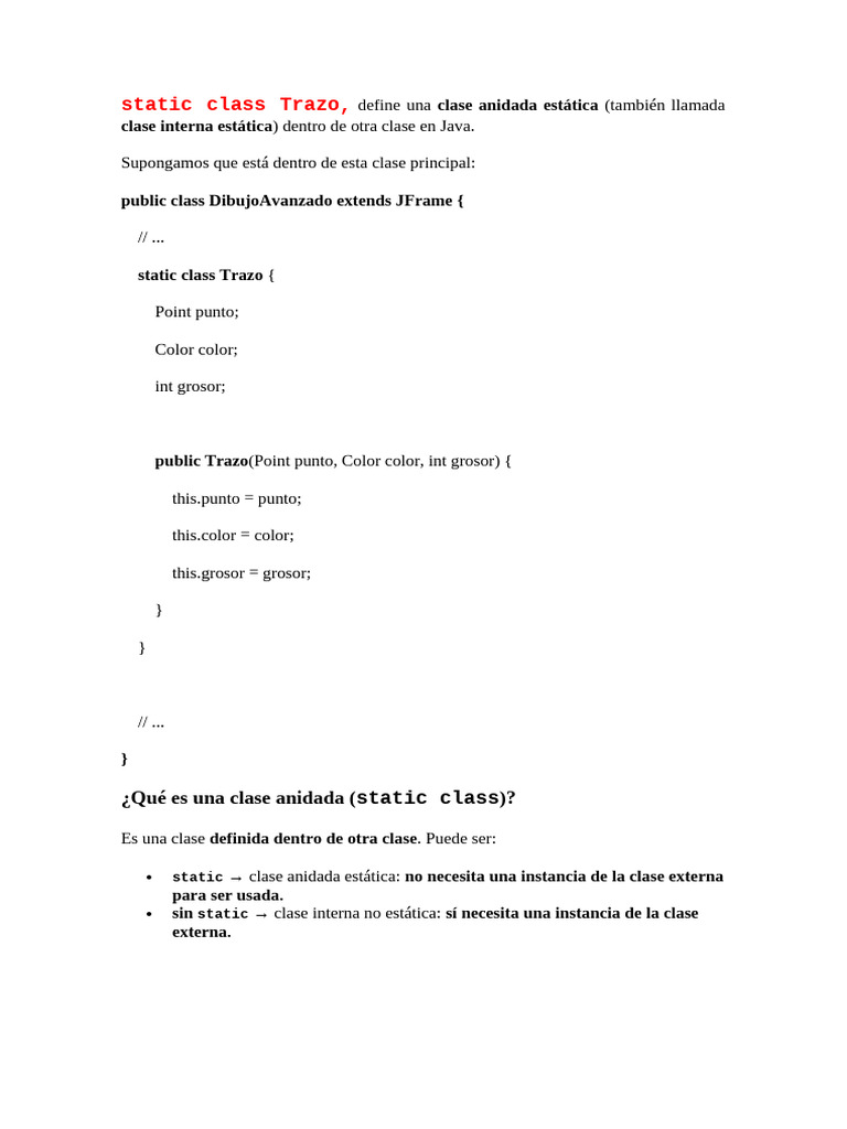 Documentacion Static Class Trazo Define Una Clase Anidada Estática | PDF | Java (lenguaje de ...