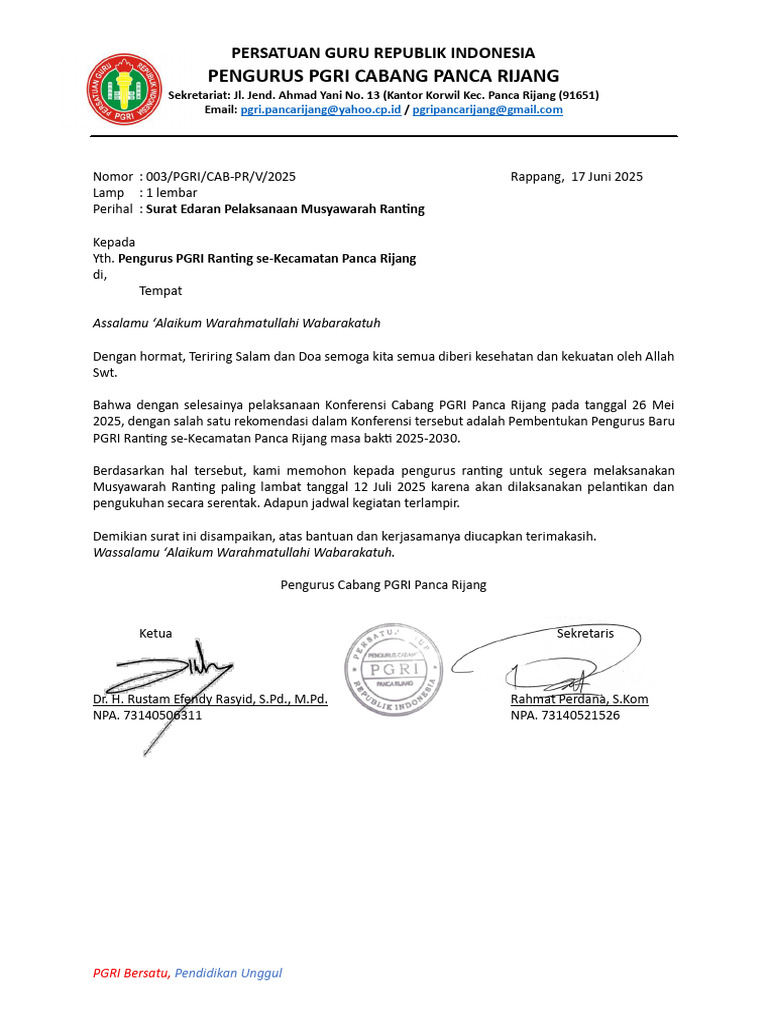 Surat Edaran Musyawarah Ranting | PDF