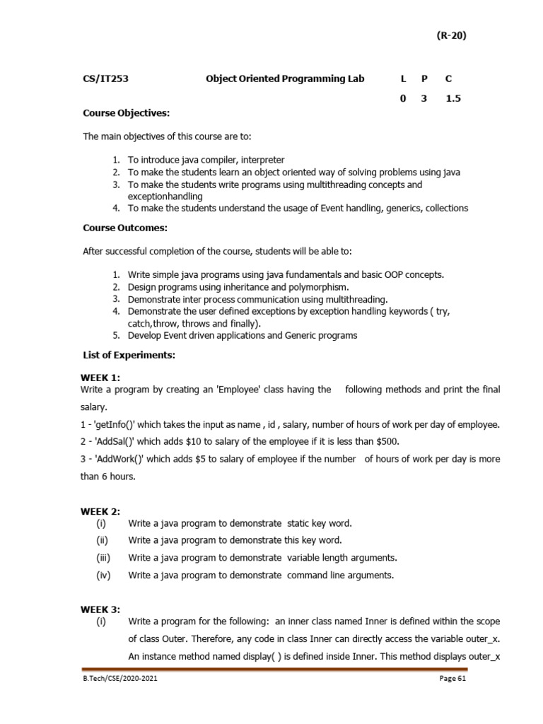 Oops Lab Syllabus | PDF | Method (Computer Programming) | Class (Computer Programming)