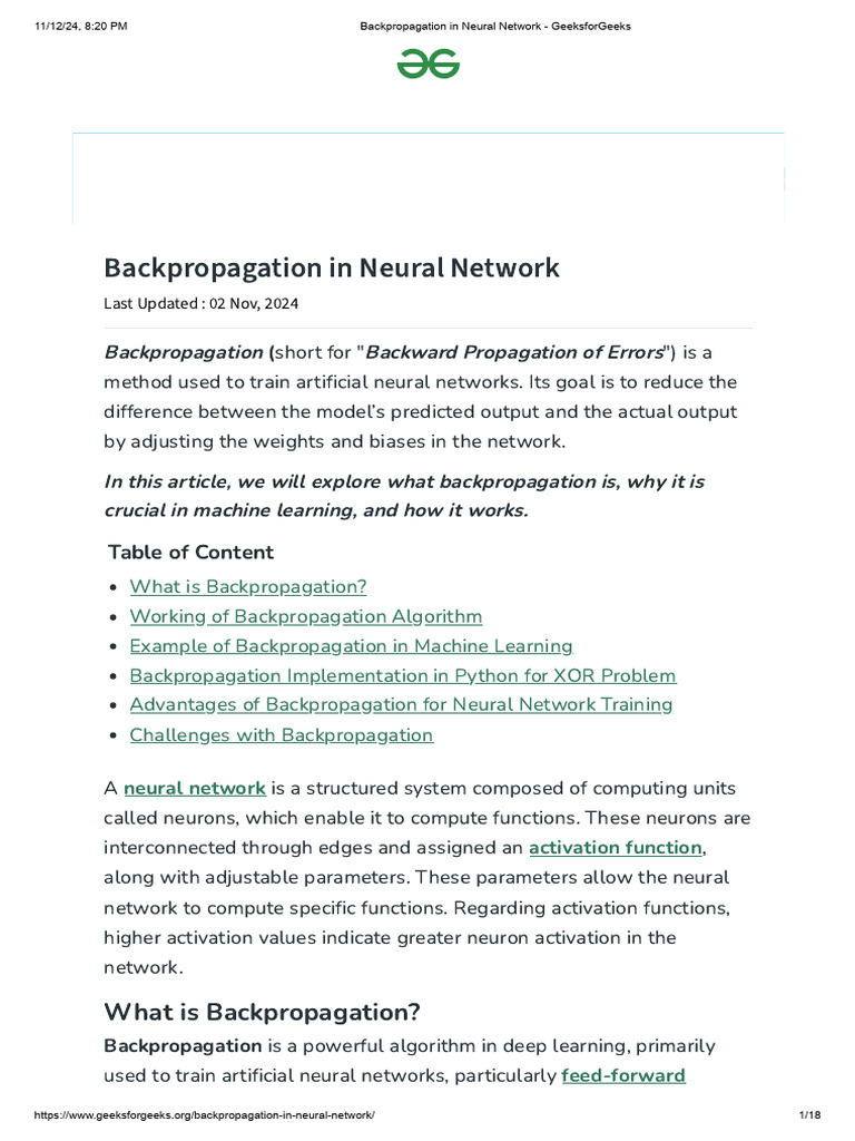 Backpropagation in Neural Network - GeeksforGeeks | PDF | Statistical ...