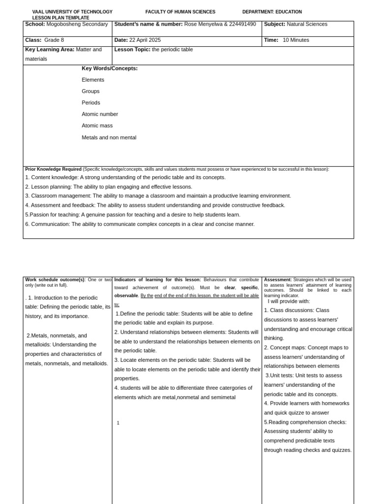 Term 2 Lesson Plan Matter and Materials | PDF | Chemical Elements ...