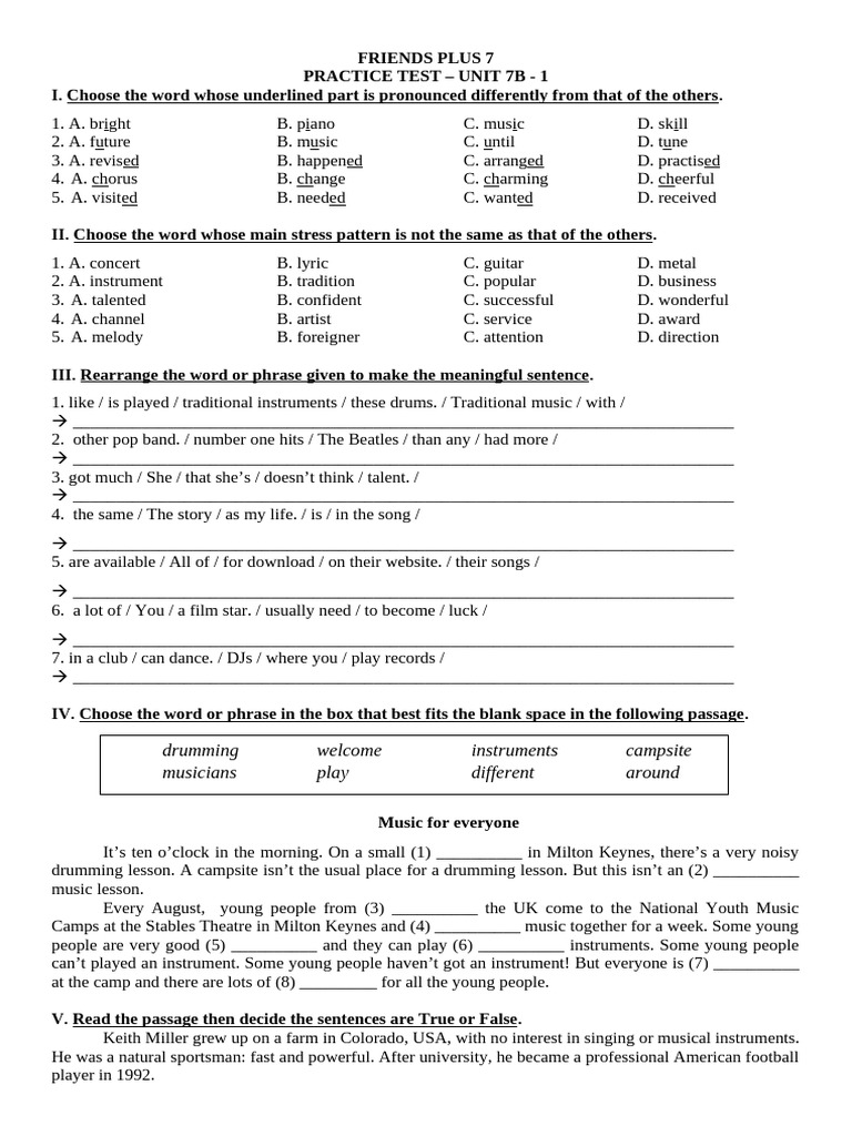 Friends Plus 7B Practice Test Guide | PDF