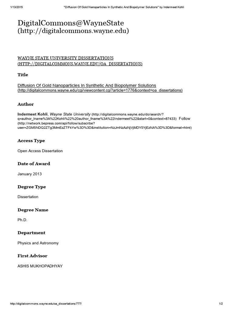 Diffusion of Gold Nanoparticles in Synthetic and Biopolymer Solutions - by Indermeet Kohli | PDF ...