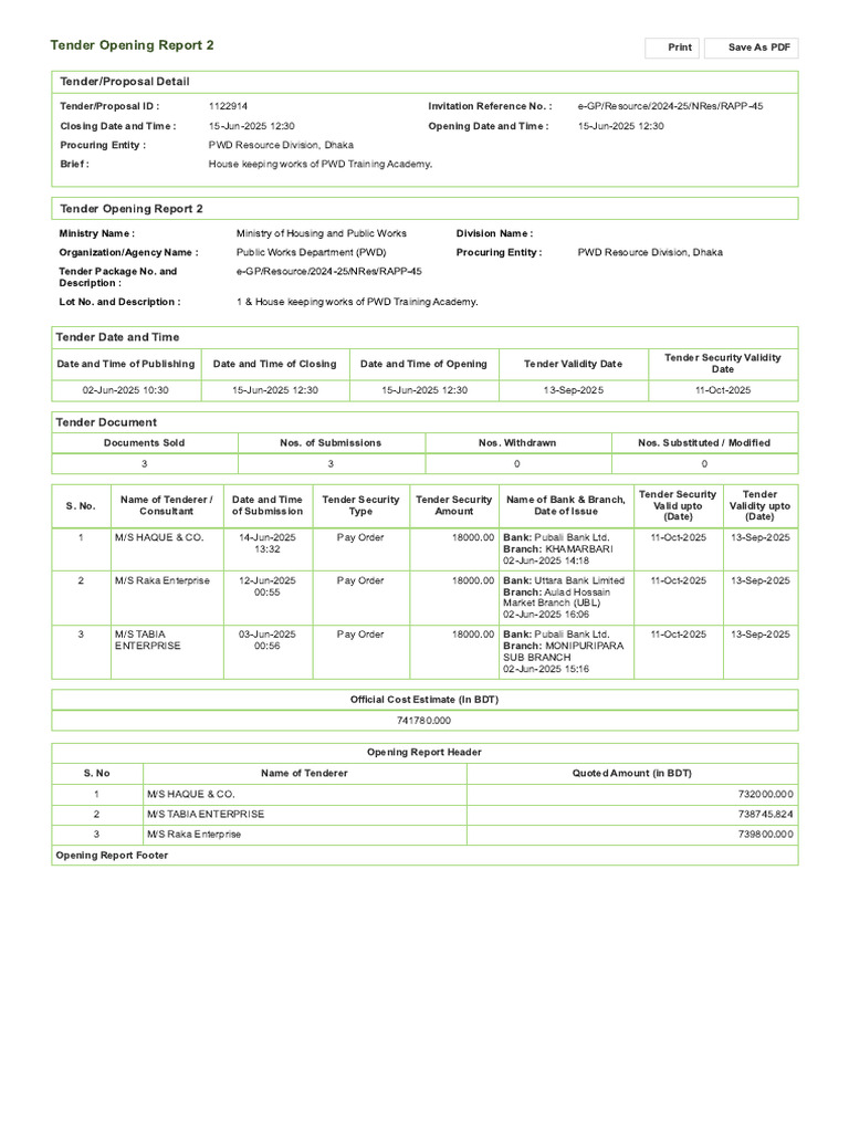 Tender Opening Report 2 | PDF