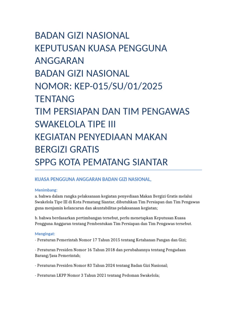SK KPA Tim Persiapan Pengawas MBG Siantar | PDF