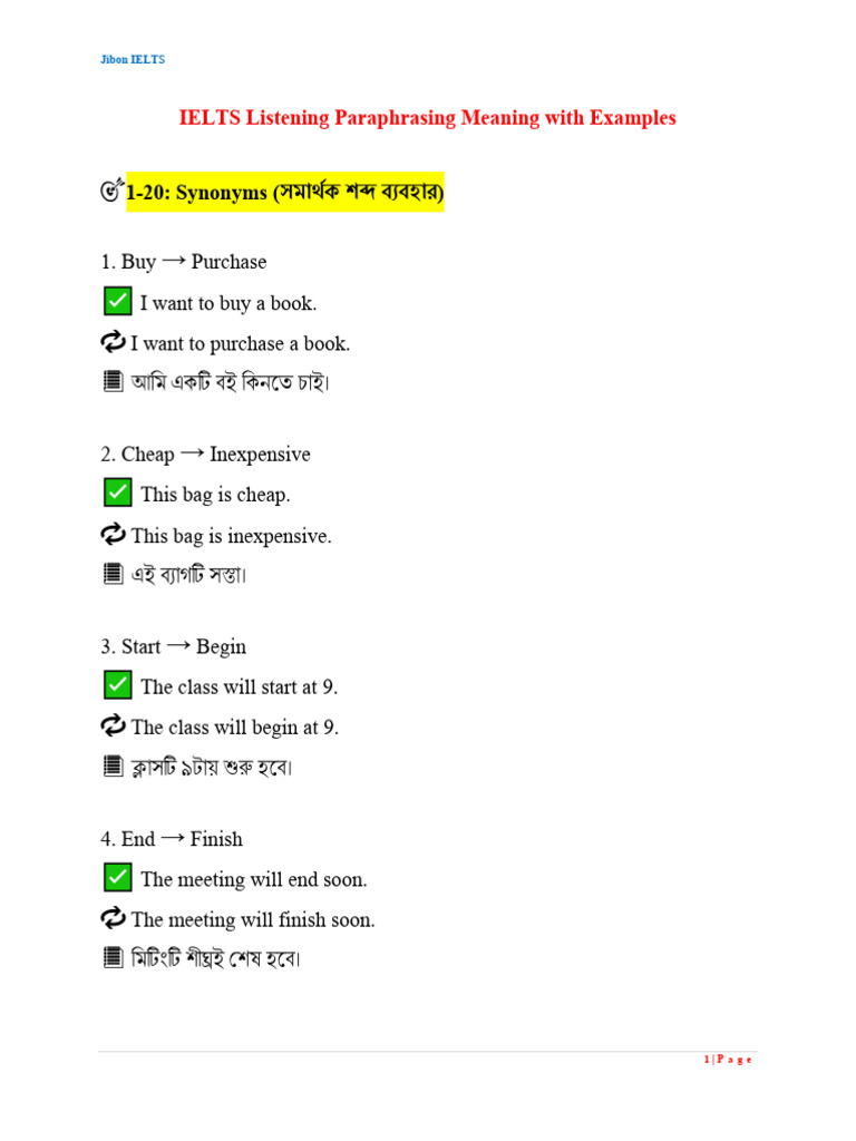 IELTS Listening Paraphrasing Meaning With Examples | PDF