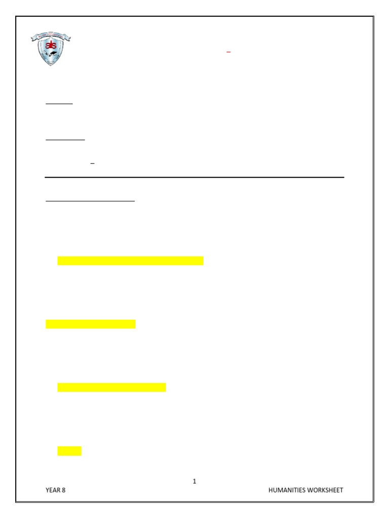 MA 3 HUMANITIES Yr 8 Revision Answerkey | PDF