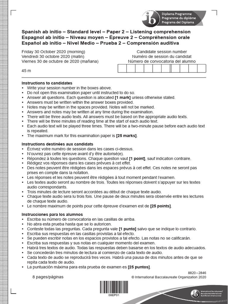 Spanish Ab Initio Paper 2 Listening Comprehension SL | PDF