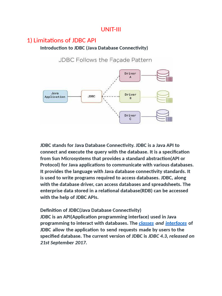 JDBC API Overview and Limitations | PDF | Databases | Java (Programming ...
