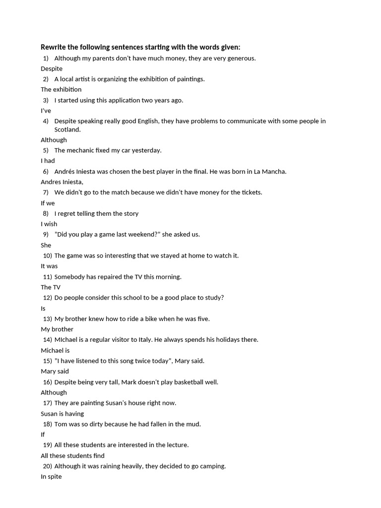 Rewrite The Following Sentences Starting With The Words Given | PDF