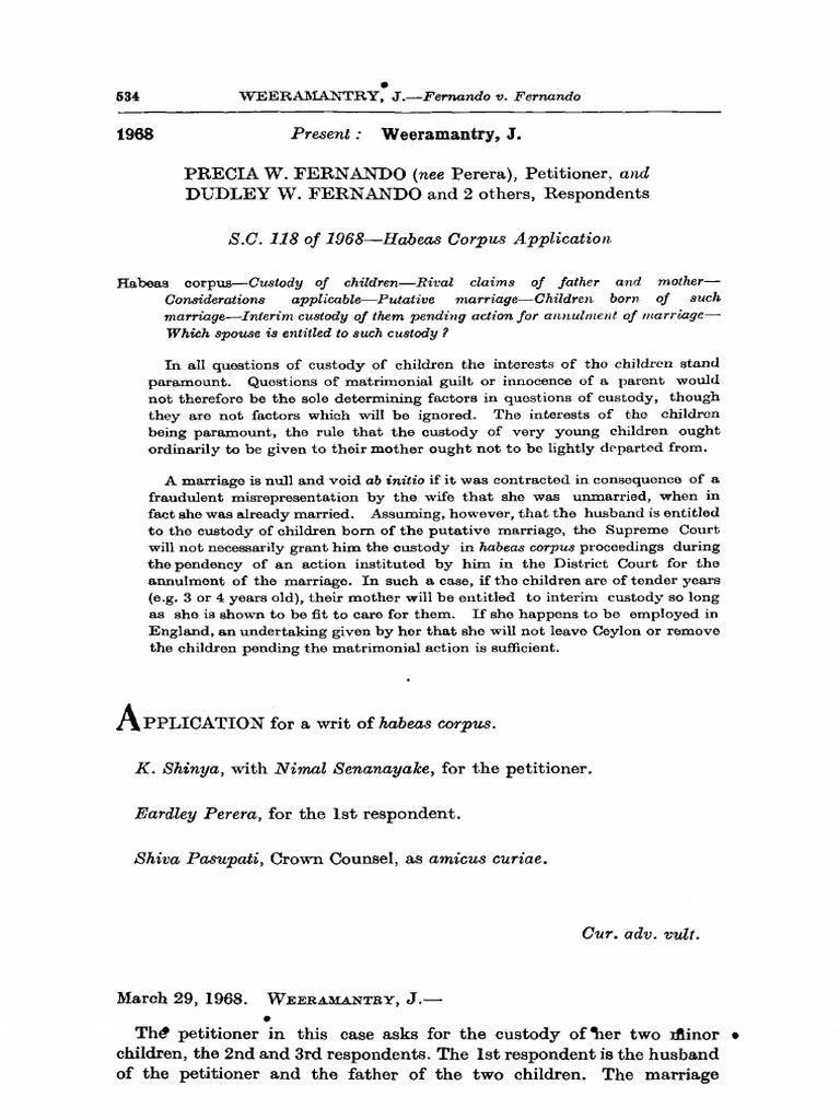 108 NLR NLR V 70 Precia W. Fernando Nee Perera Petitioner and Dudley W ...