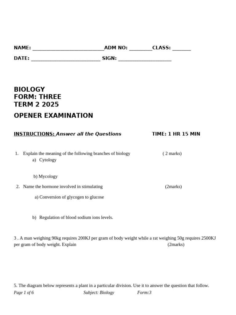 2025 Biology f3 Qs t2 Exam 1 Teacher - Co .Ke | PDF | Biology | Leaf