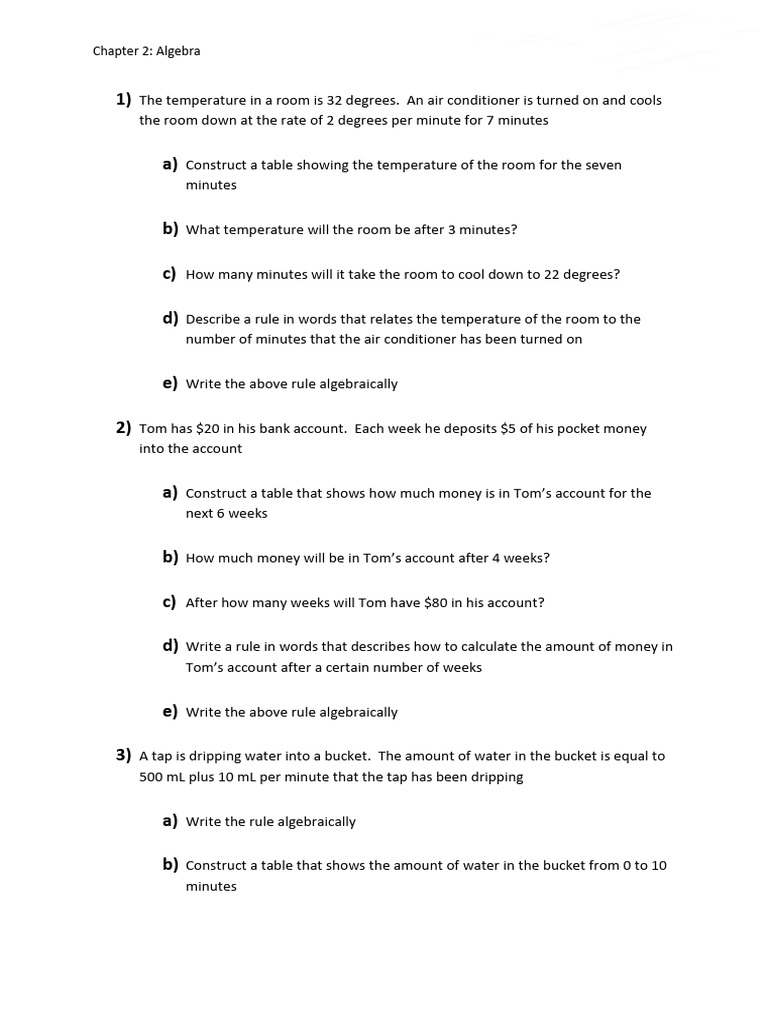 Year 8 Maths - Algebra - Rules, Patterns - Table of Values - Questions (Ch2 Ex2) | PDF