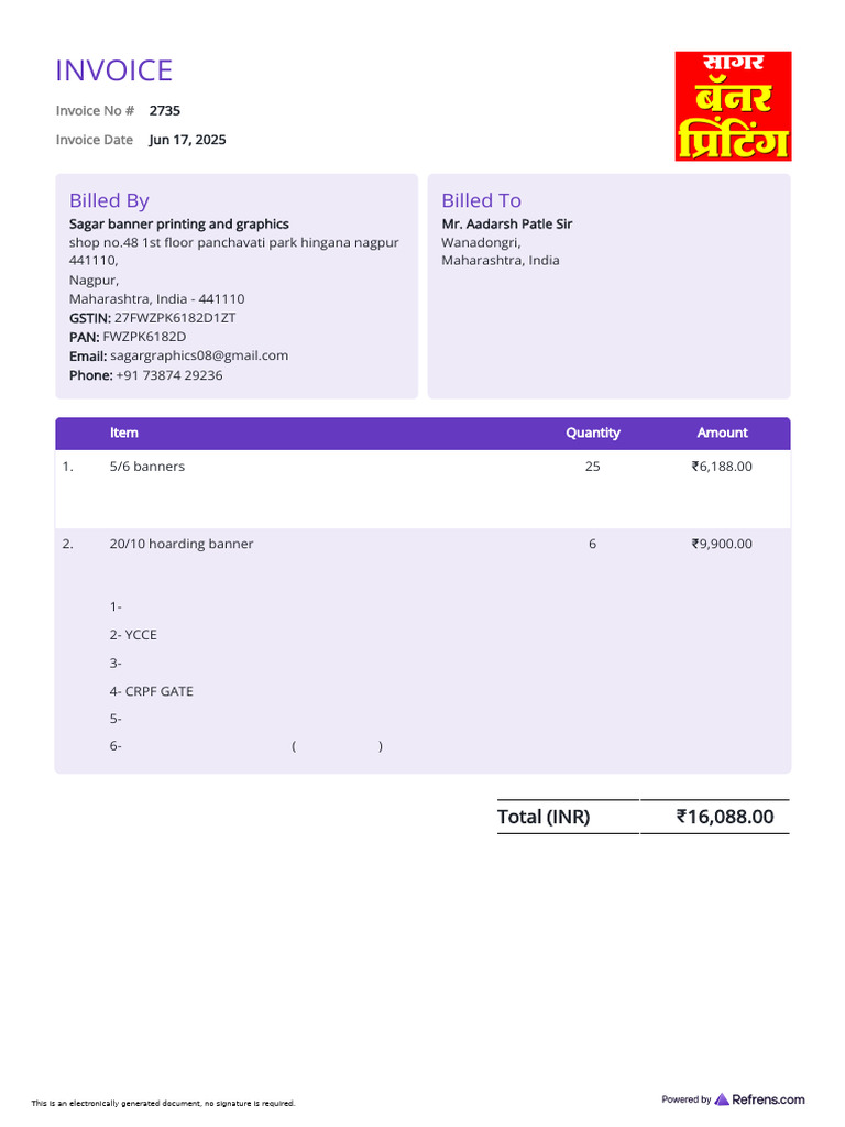 Invoice 2735 Sagar Banner Printing and Graphics MR Aadarsh Patle Sir | PDF