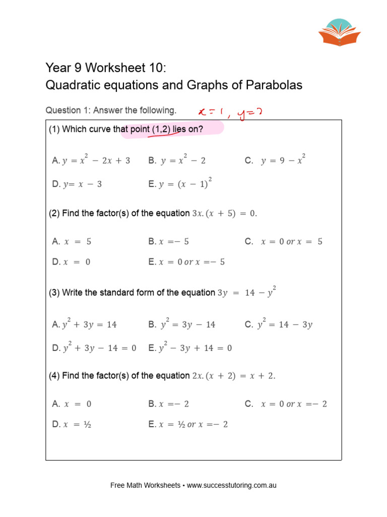 Year 9 Worksheet 10 Quadratic Equations and Graphs of Parabolas | PDF ...