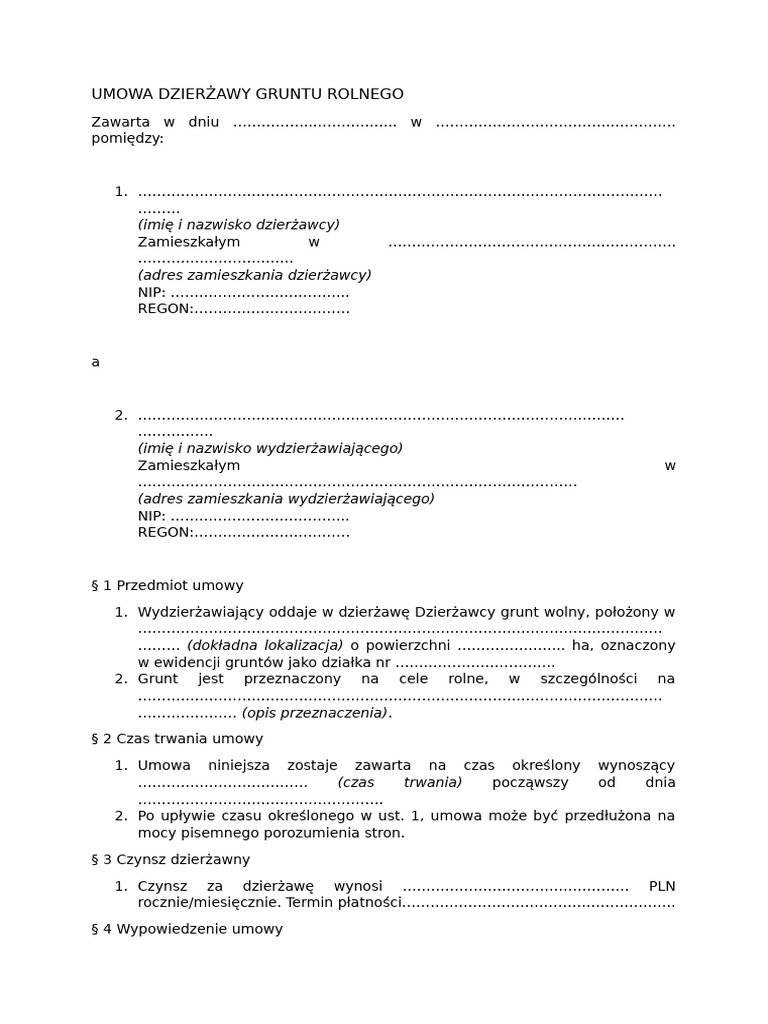 Umowa Dzierżawy Gruntu Rolnego | PDF